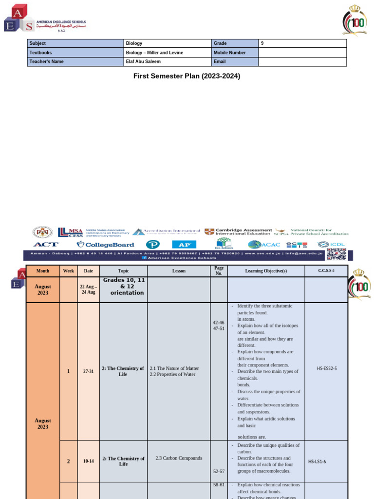 Grade 9 Biology First Semester Plan 2023-2024 | PDF | Chemistry | Chemical Compounds