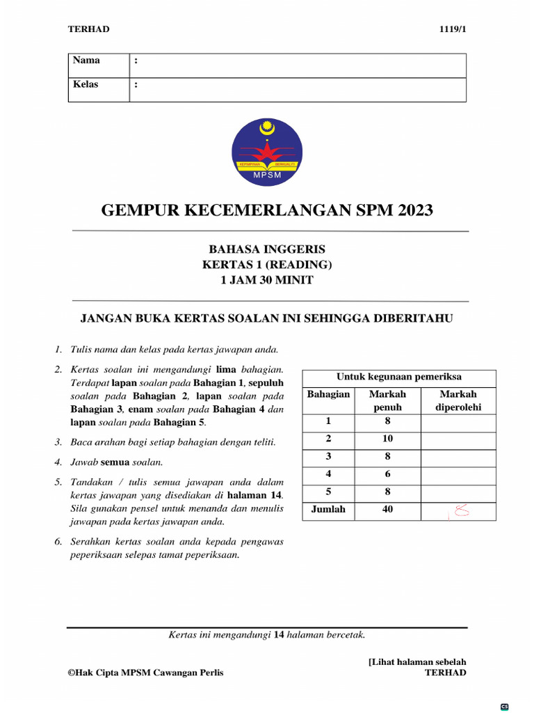 Bahasa Inggeris K1 Gempur Kecemerlangan Perlis 2023 | PDF Bahasa Inggeris K1 Gempur Kecemerlangan Perlis 2023 | PDF