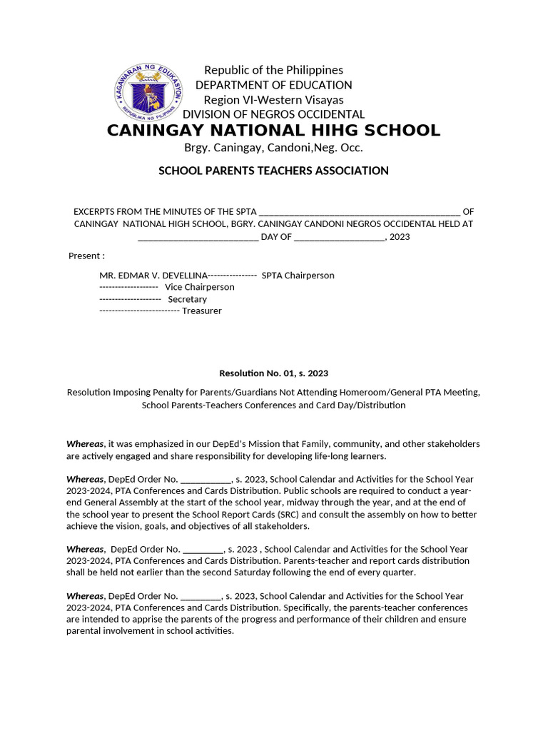 PTA Resolution 001 s.2023 | PDF | Government