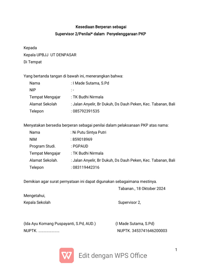 Contoh Form Surat Kesediaan Supervisor 2penilai | PDF