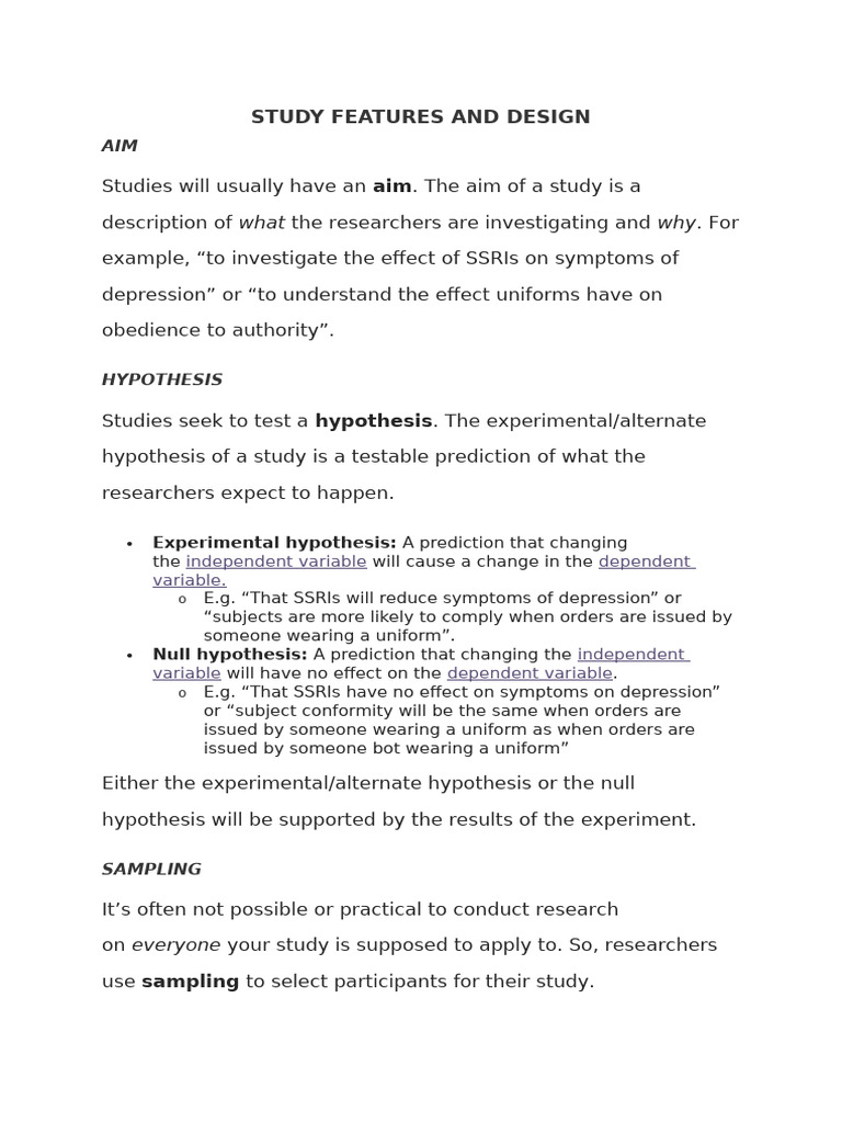 Study Features and Design AS PSYCHOLOGY | PDF | Validity (Statistics ...