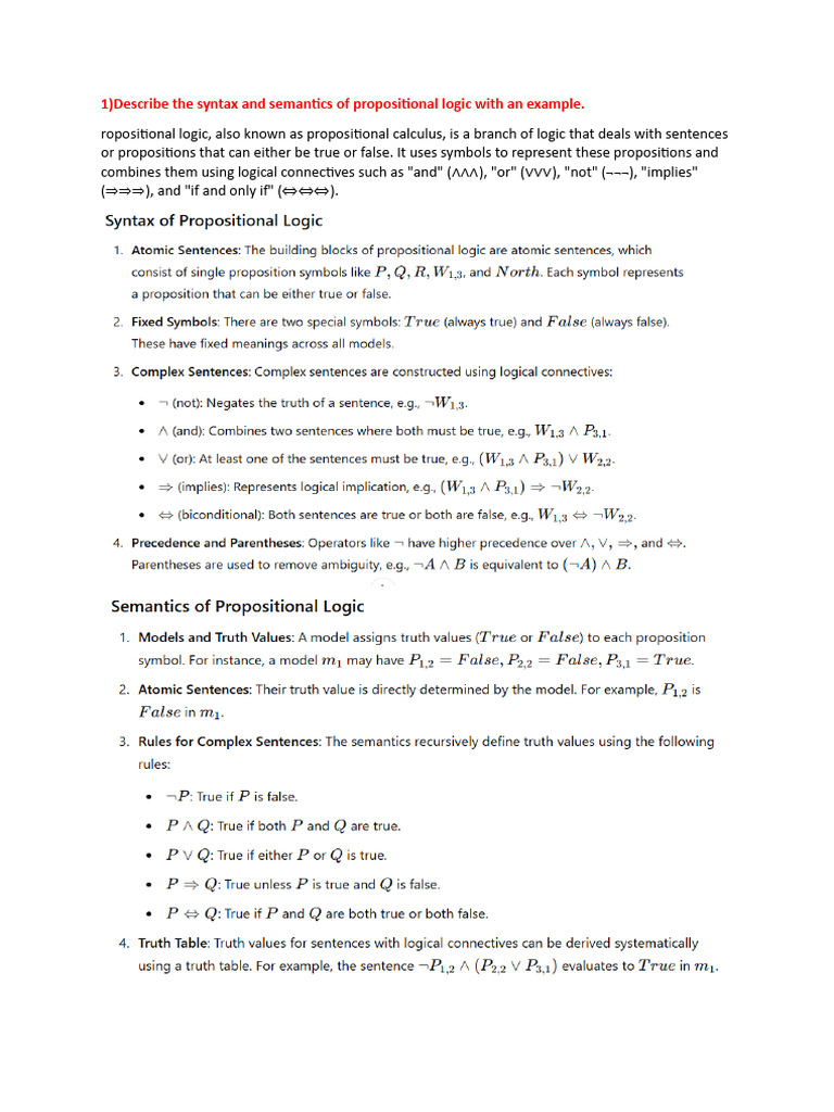 1) Describe The Syntax and Semantics of Propositional Logic With An Example | PDF | Inference ...