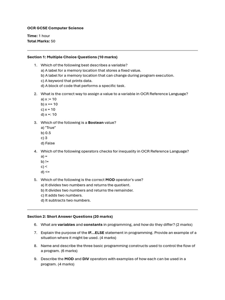 Ocr Gcse Computer Science Quiz 01 Pdf