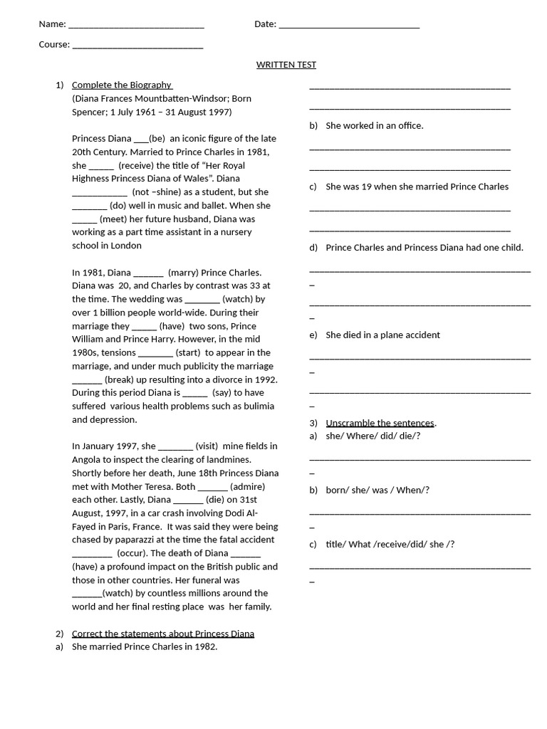 Written Tes 3ro November Simple Past | PDF | Diana | British Royalty