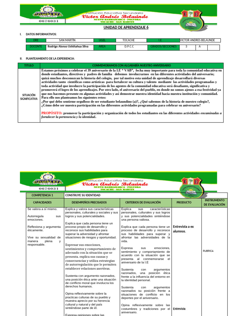 DPCC Unidad 6 Aniversario | PDF | Las emociones | Aprendizaje