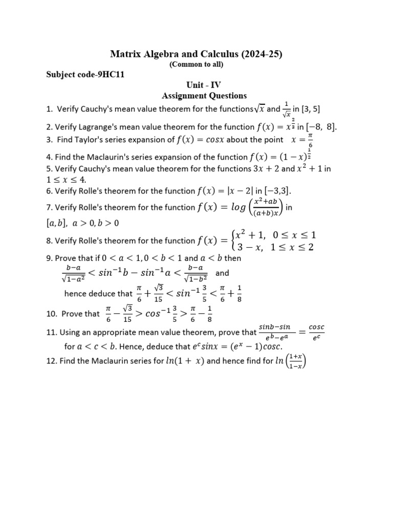 Matrix Algebra & Calculus Assignments 2024 | PDF