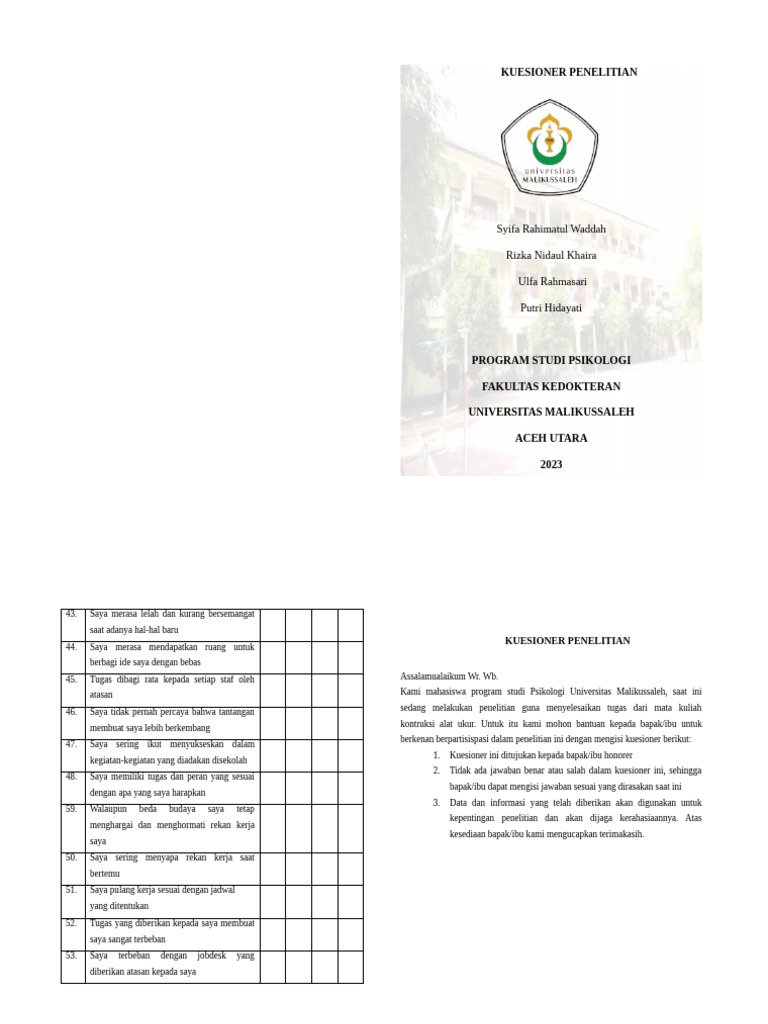 Buklet Kuesioner Penelitian Ulfa - 114444 | PDF