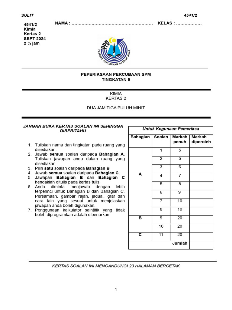 Trial K2 Kimia SPM 2024 - Johor - Muar | PDF