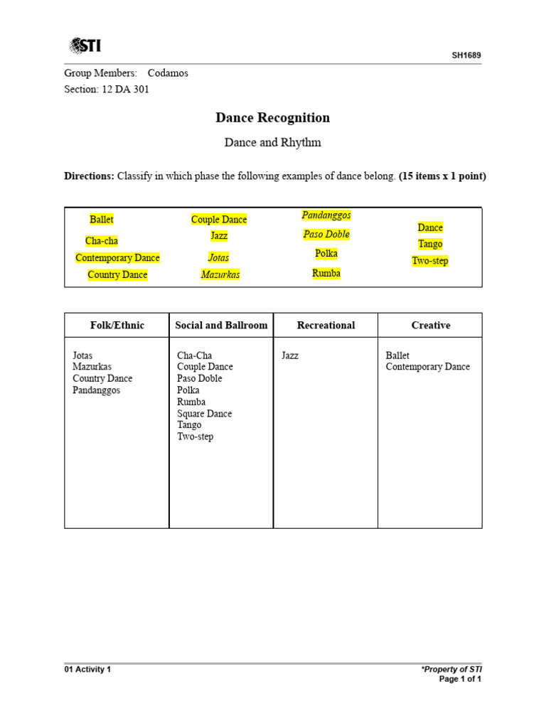 Dance Classification Exercise | PDF
