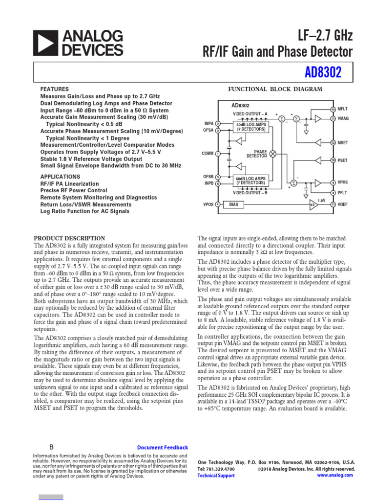 AD8302 RF/IF Gain & Phase Detector | PDF | Decibel | Electrostatic ...