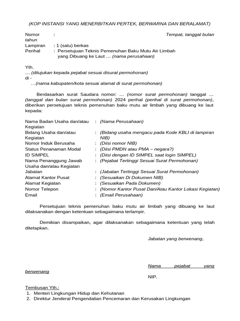 Draft Format Pertek Pemenuhan Baku Mutu Air Limbah Yang Dibuang Ke Laut ...