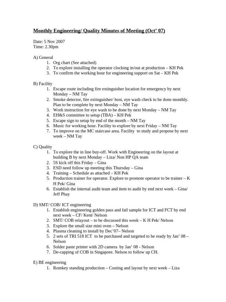 Monthly Engineering-Quality Minutes of Meeting Oct 07 | PDF ...