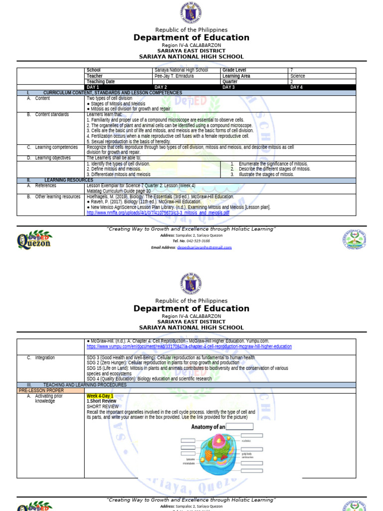 Mitosis and Meiosis Lesson Plan for Grade 7 | PDF | Meiosis | Mitosis