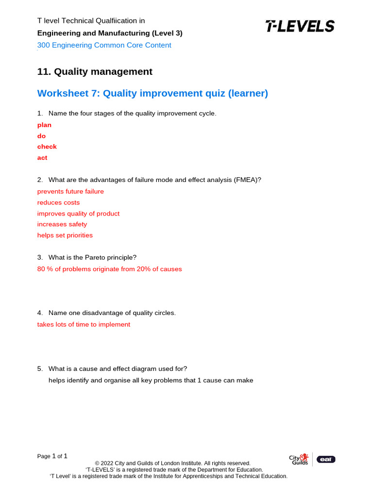 Quality Improvement in Engineering Quiz | PDF