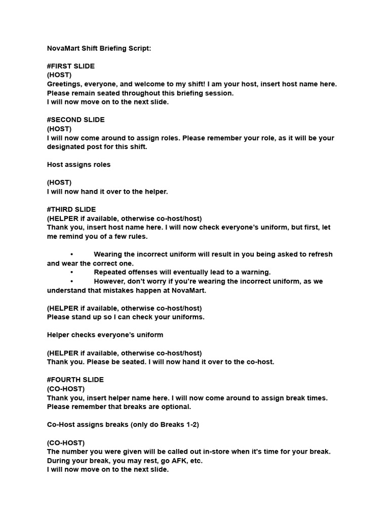 SpicyBlox Shift Briefing Script | PDF | Language Arts & Discipline ...