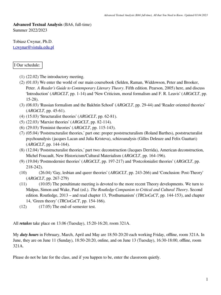 Advanced Textual Analysis Course Guide | PDF | Liberal Arts Education
