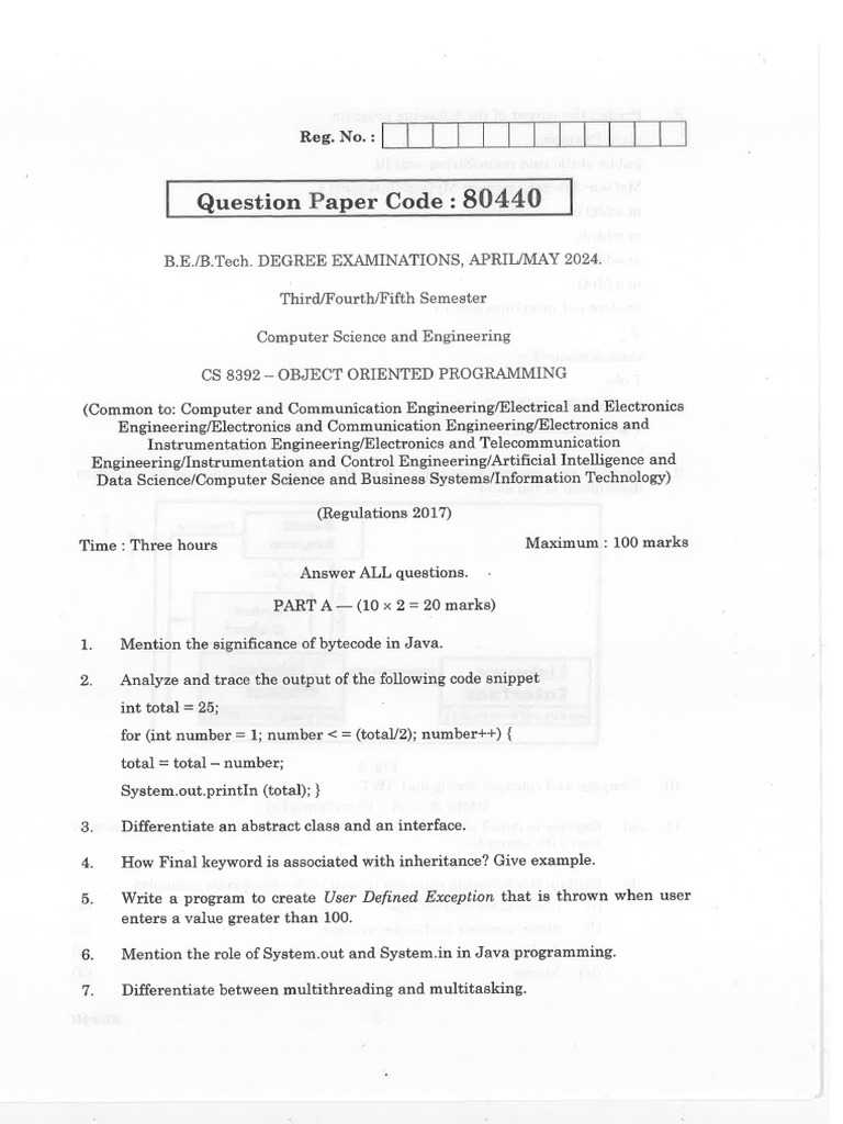 CSE-AM-2024-CS 8392-Object Oriented Programming-980034523-80440 | PDF