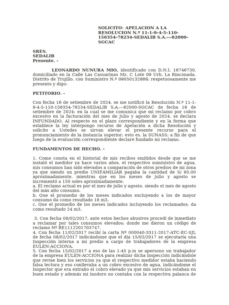 Solicito Apelacion A Sedalib Por Cobro Excesivo | PDF | Verdad | Justicia