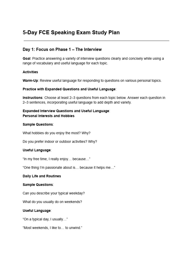 5-Day FCE Speaking Exam Study Plan With Daily Recording | PDF ...