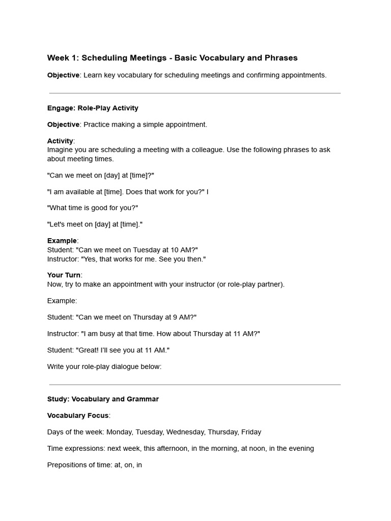 Scheduling Meetings - Basic Vocabulary and Phrases | PDF | Cognitive ...
