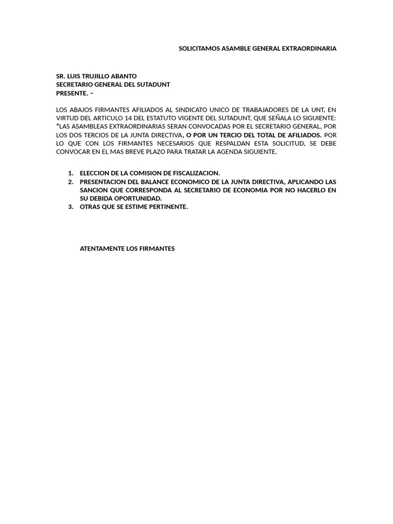Solicitamos Asamble General Extraordinaria | PDF | Finanzas y dinero | Ciencias sociales