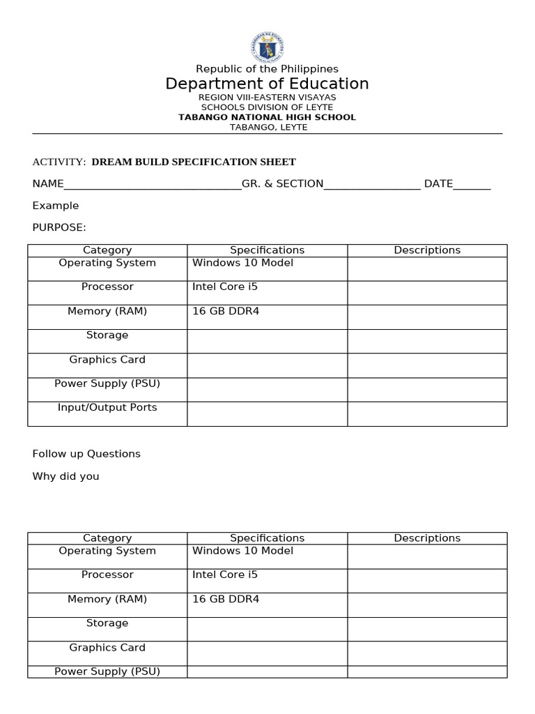Dream Build Specification Sheet Template | PDF | Computers