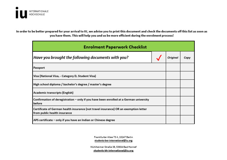 Enrolment Paperwork Checklist: Have You Brought The Following Documents ...