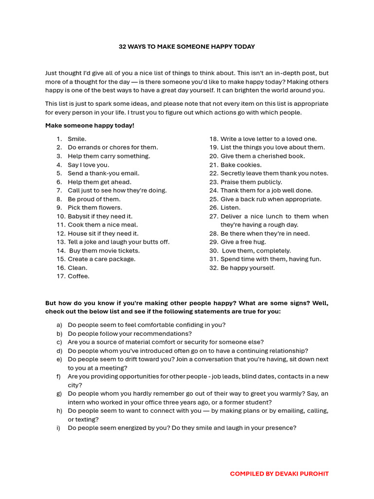 32 Ways to Make Someone Happy Today | PDF