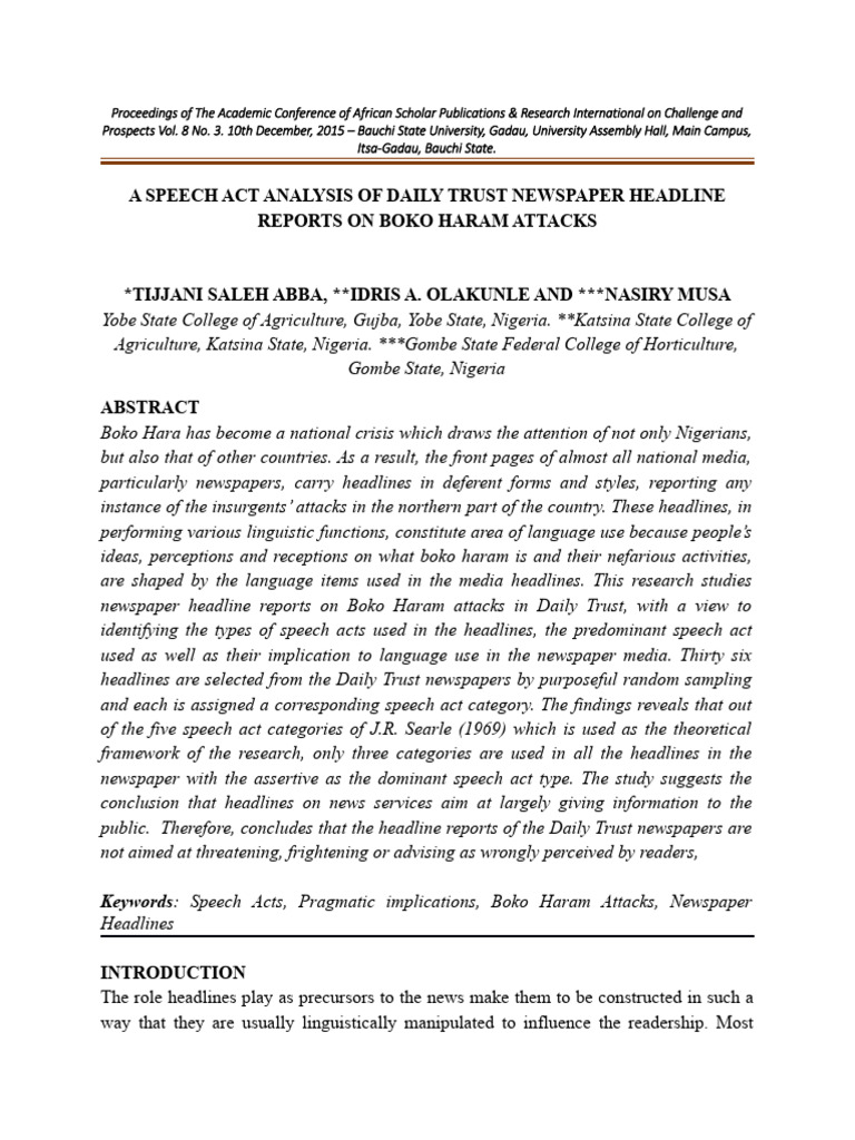 A Speech Act Analysis of Daily Trust Newspaper Headline Reports On Boko ...