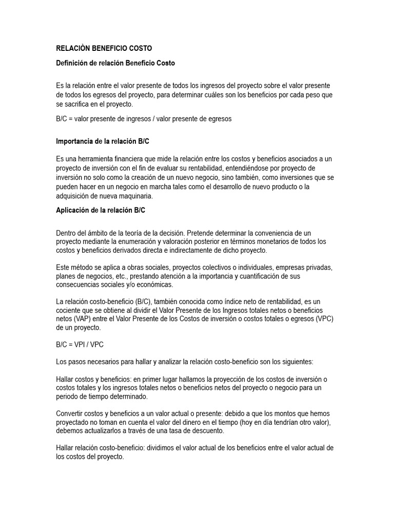 Relaciòn Beneficio Costo | PDF | Inversiones | Comercio