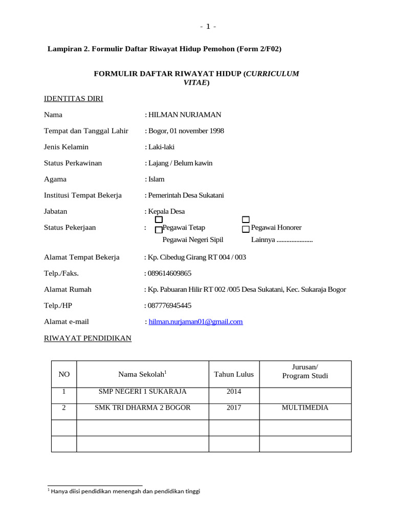 Formulir Daftar Riwayat Hidup Pemohon (Form 2 F02) | PDF