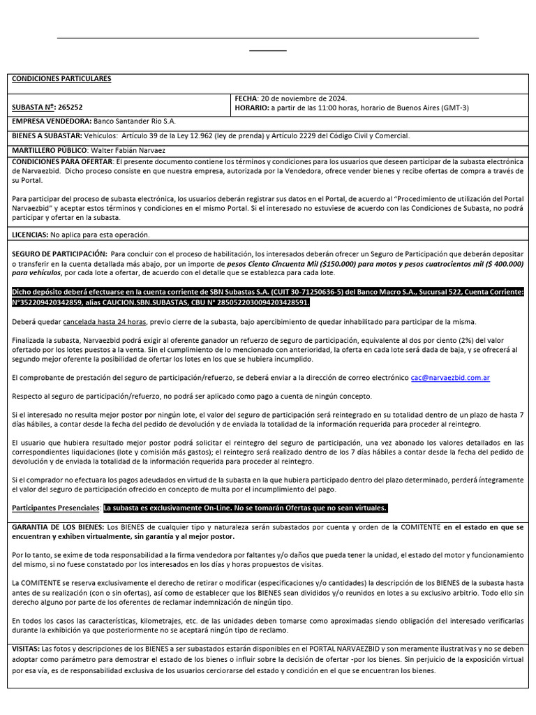 Condiciones Particulares Y Generales de Subasta - Narvaezbid Subastas Online | PDF | Subasta ...