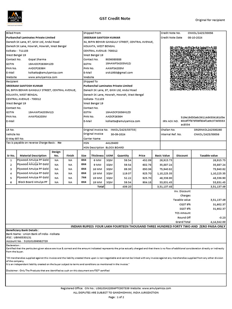 GST Credit Note: Original For Recipient | PDF | Arbitration | Invoice