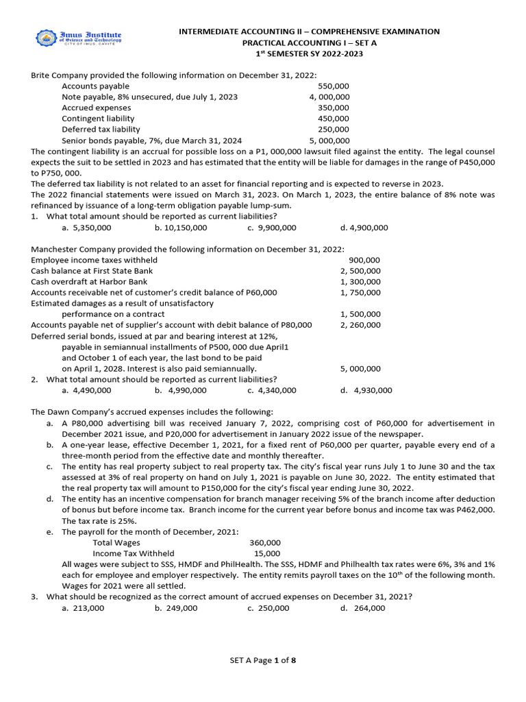 IA2 COMPREHENSIVE EXAM P1 2022x SET A | PDF | Treasury Stock | Deferred Tax