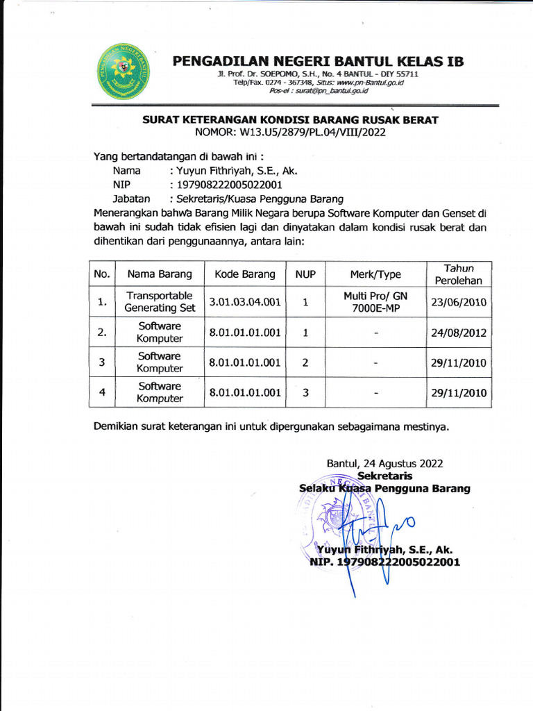 Surat Pernyataan Kondisi Barang Rusak Genset & Software Agustus 2022 ...
