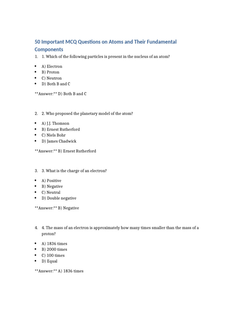 MCQ Atoms Fundamental Components | PDF | Proton | Atoms