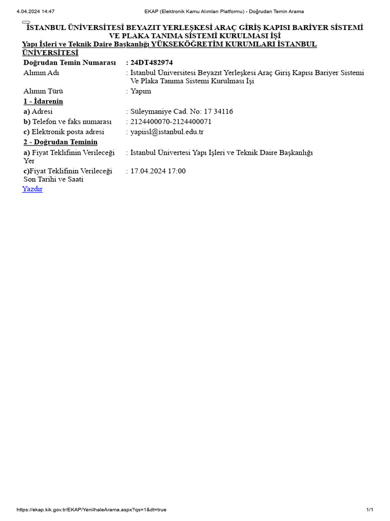 EKAP (Elektronik Kamu Alımları Platformu) - Doğrudan Temin Arama | PDF