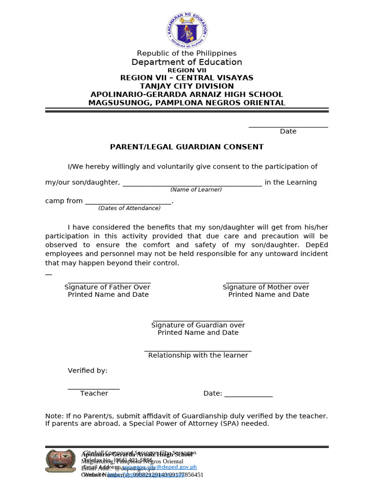 NLC Parental Consent Form Learning Camp Registration | PDF | Kinship And Descent | Social ...