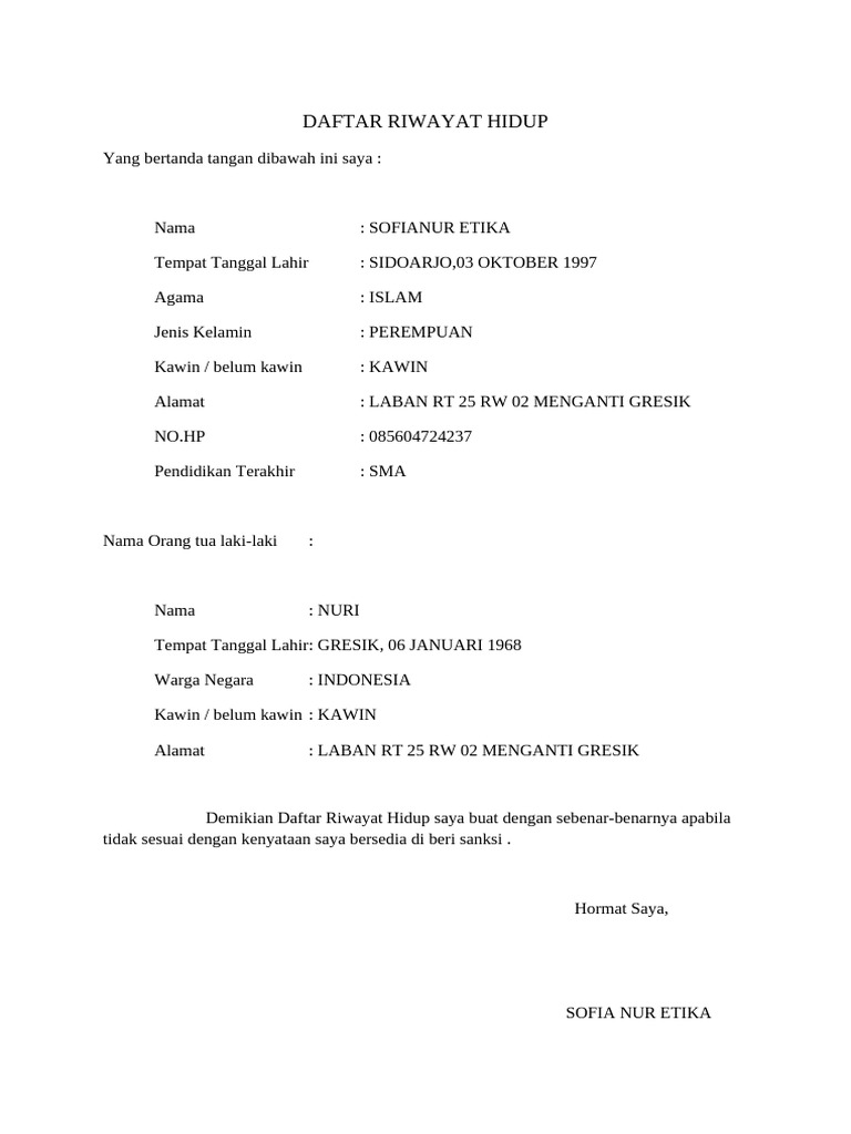 Contoh DFTR Riwayat Hidup | PDF