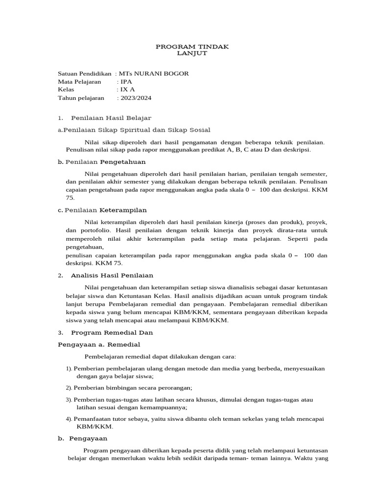 Program Remedial dan Pengayaan IPA IX | PDF