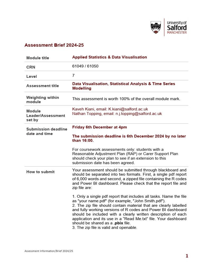 Applied Statistics Data Visualisation Assignment Brief 2024 25 Pdf