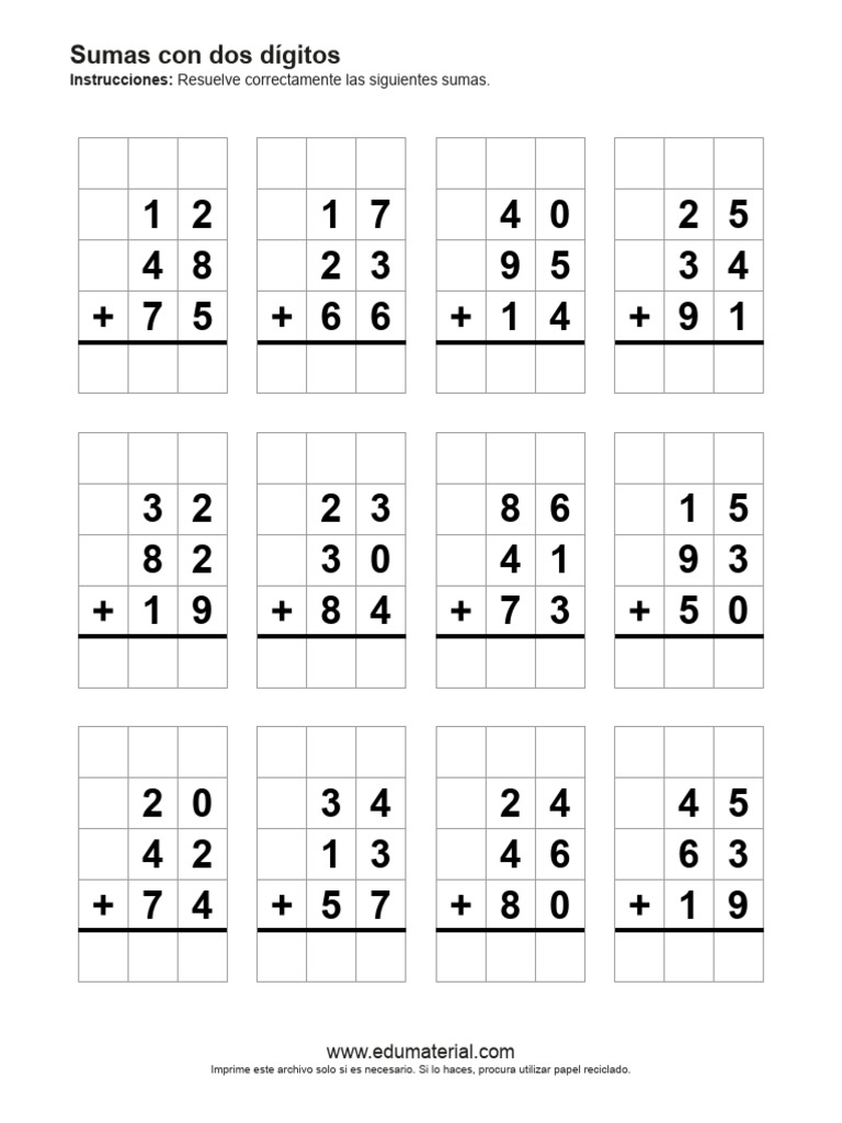 Sumas Con Dos Digitos Set 1 EduMaterial | PDF