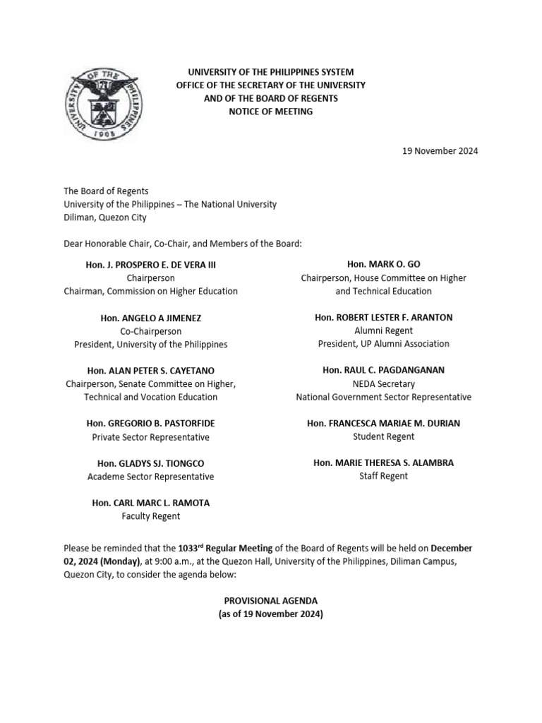 UP-BOR Notice of Meeting Sample | PDF