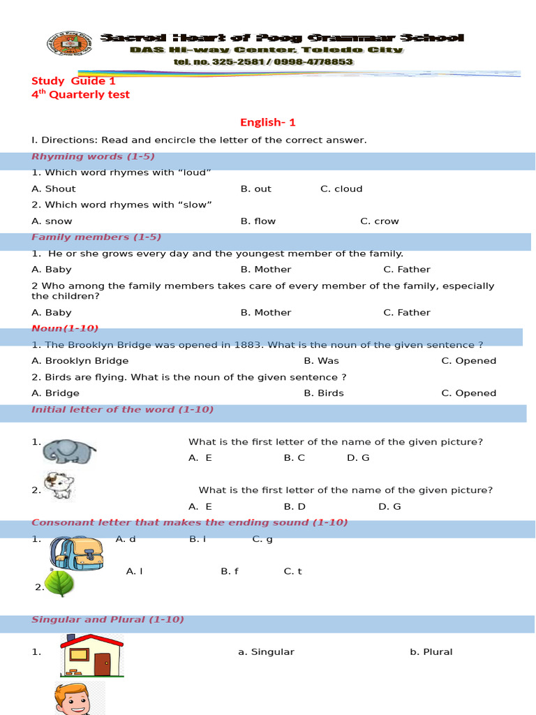 Grade 1 Study Guide 4th Quarterly Test | PDF | David | Jesus