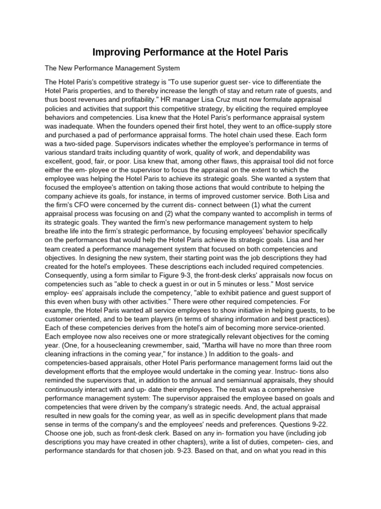 Improving Performance at The Hotel Paris | PDF | Performance Appraisal | Strategic Management