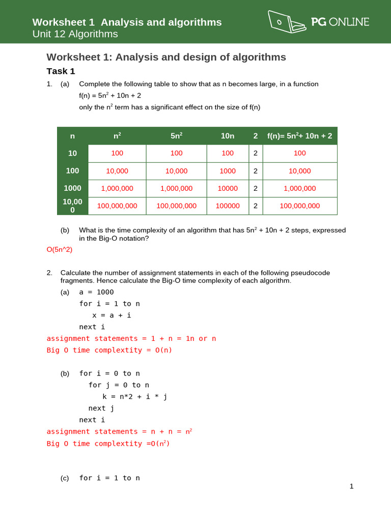 Algorithms Worksheet 1 Analysis and Design of | PDF | Time Complexity | Combinatorics