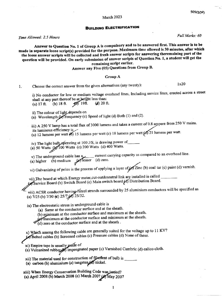 EE-5-Sem-Building-Electrification-Quistion Paper-Mar-2023 | PDF