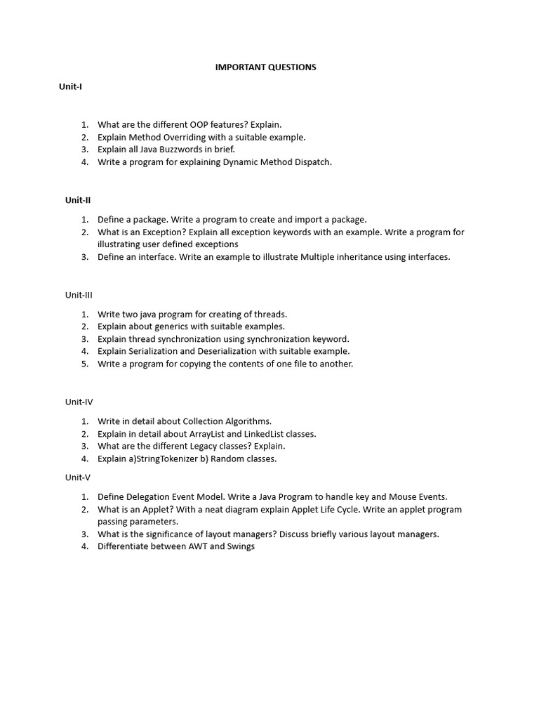 Java Important Questions | PDF | Teaching Methods & Materials ...