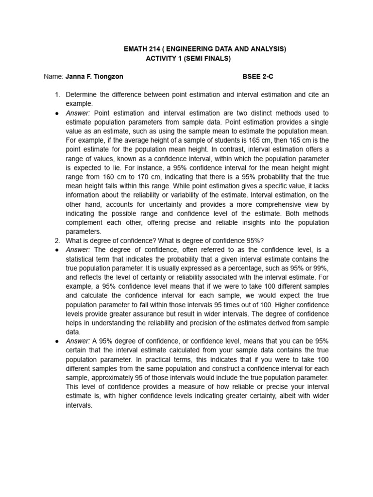 Emath 214 (Engineering Data and Analysis) | PDF | Confidence Interval | Estimator