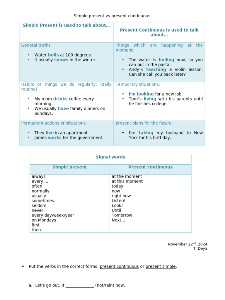 Simple Present Vs Present Continuous | PDF | Linguistics